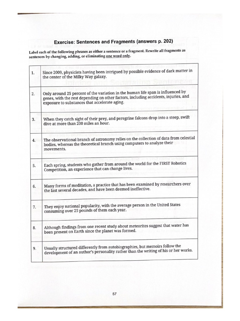 Exercise Sentences and Fragments (Answers P. 202) | PDF