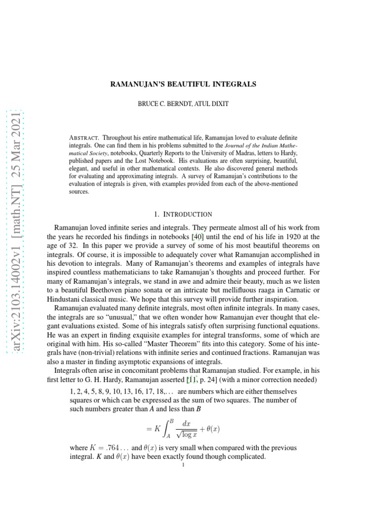 Ramanujans Beautiful Integrals | PDF | Integral | Functions And Mappings