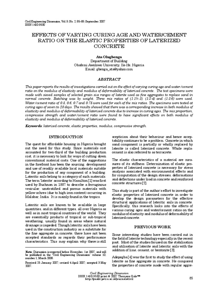 Effects of Varying Curing Age and Water Cement Ratio On The Elastic Properties of Laterized ...