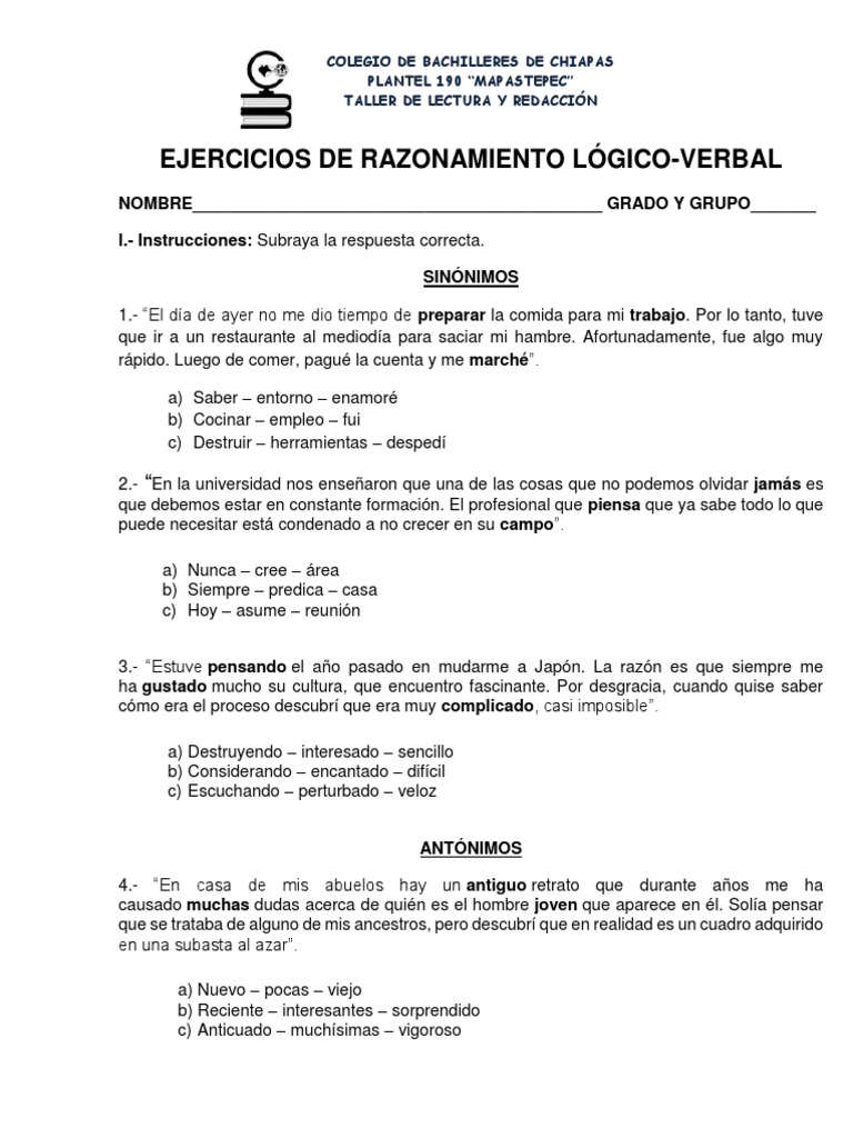 EJERCICIOS DE RAZONAMIENTO LÓGICO-VERBAL | PDF