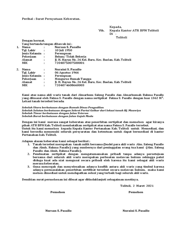 Surat Keberatan Ke BPN Tolitoli Tahun 2021 | PDF