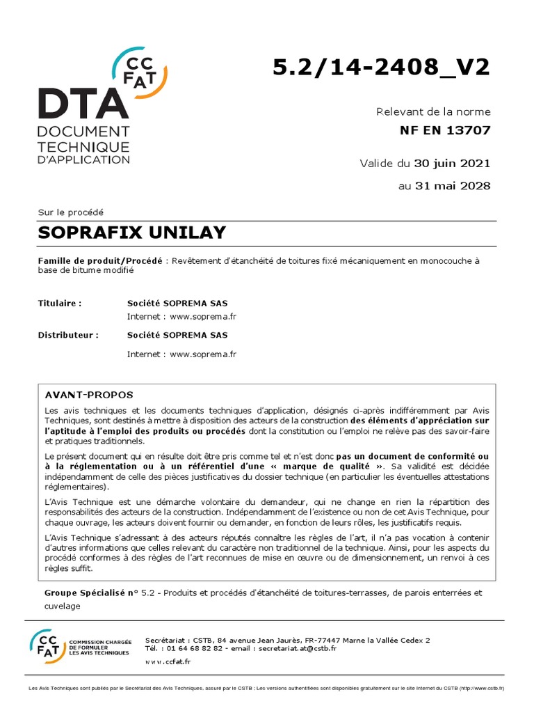 Avis Technique : SOPRAFIX UNILAY 2021 | PDF