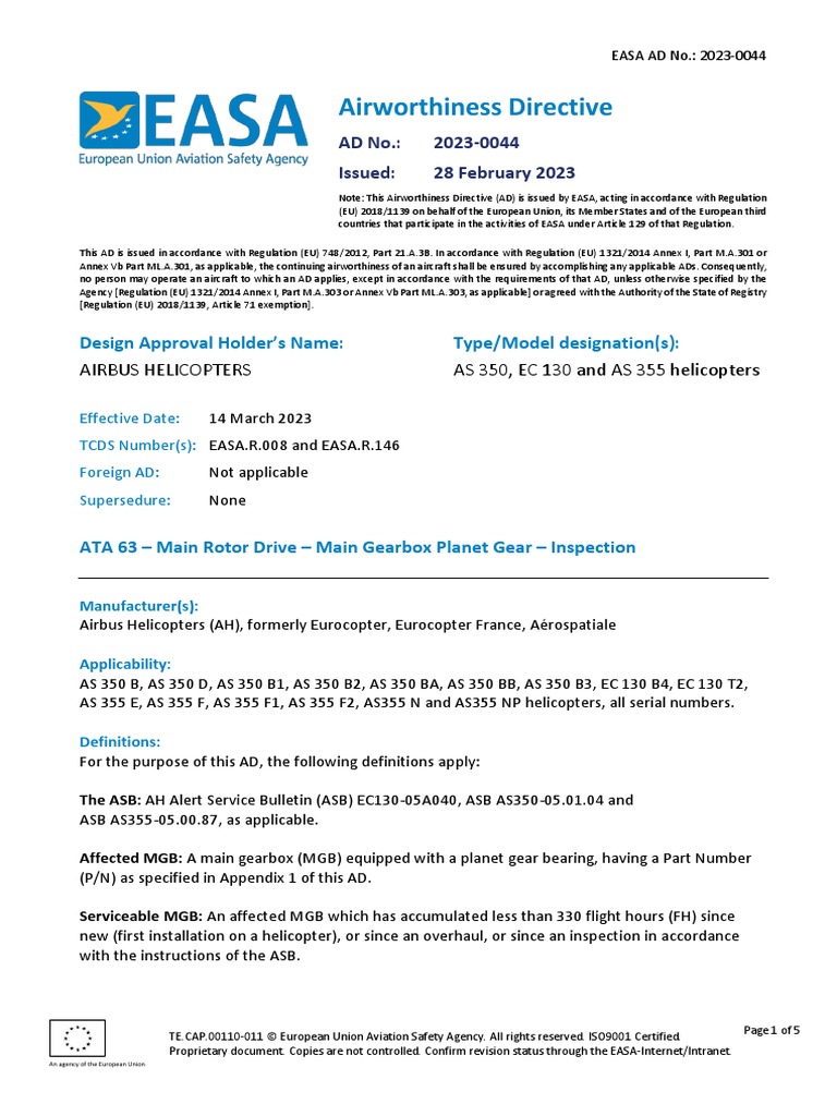 EASA AD 2023-0044: MGB Inspection Requirements | PDF