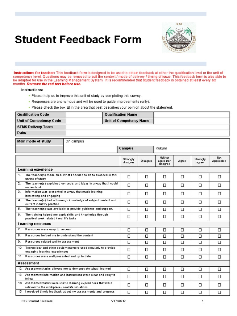 RTC Student Feedback Form - V3 - 060619 | Download Free PDF | Teachers ...