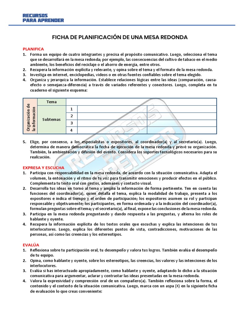 003 Rpa - Ficha de Planificación de Mesa Redonda | PDF | Evaluación | Ciencia cognitiva
