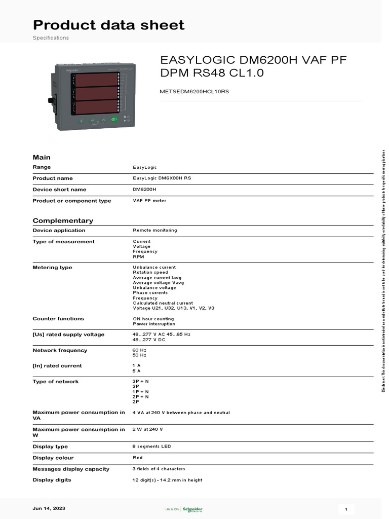 EasyLogic DM6x00H Series VAF PF Meters - METSEDM6200HCL10RS | PDF ...