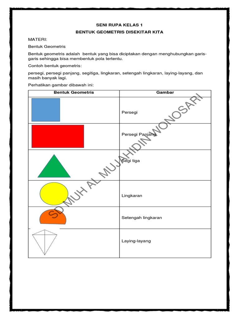 Tugas Seni Rupa: Bentuk Geometris Kelas 1 | PDF