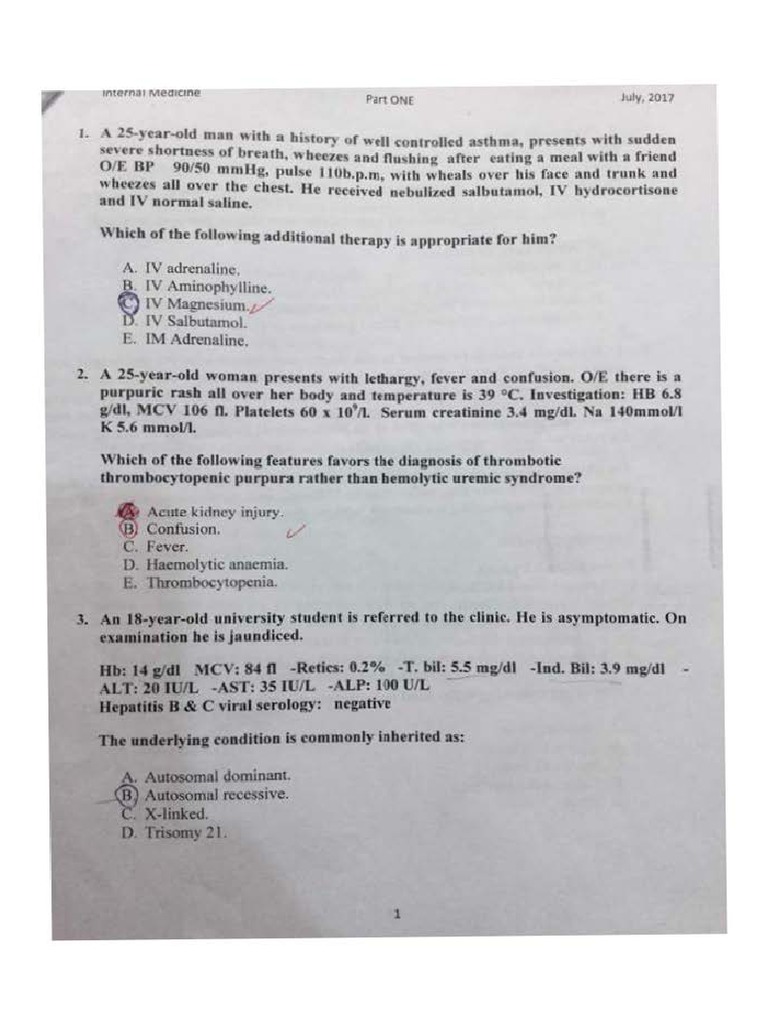 Arab Board 2017 Internal Medicine | PDF | Kidney | Organ (Anatomy)