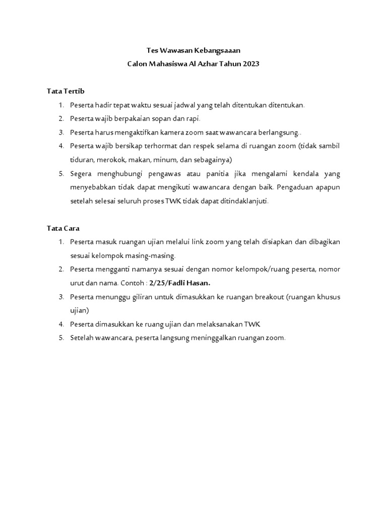 Tatib & Tata Cara TWK Tahun 2023 (Peserta) | PDF