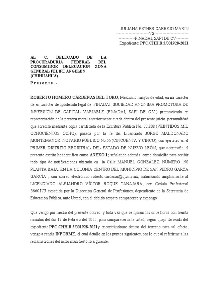 FROMATO INFORME Y EXTRACTO QUEJA PROFECO | PDF