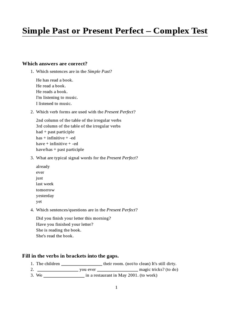 Simple Past or Present Perfect - Complex Test | PDF | Perfect (Grammar ...