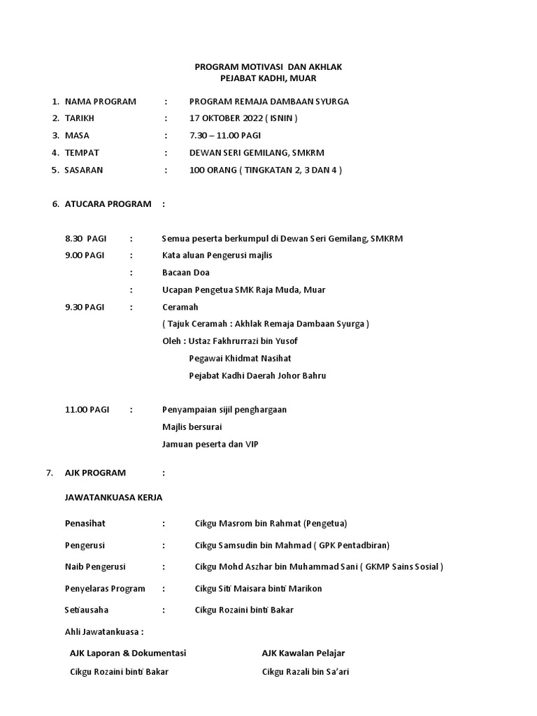 Program Remaja Dambaan Syurga 2022 | PDF