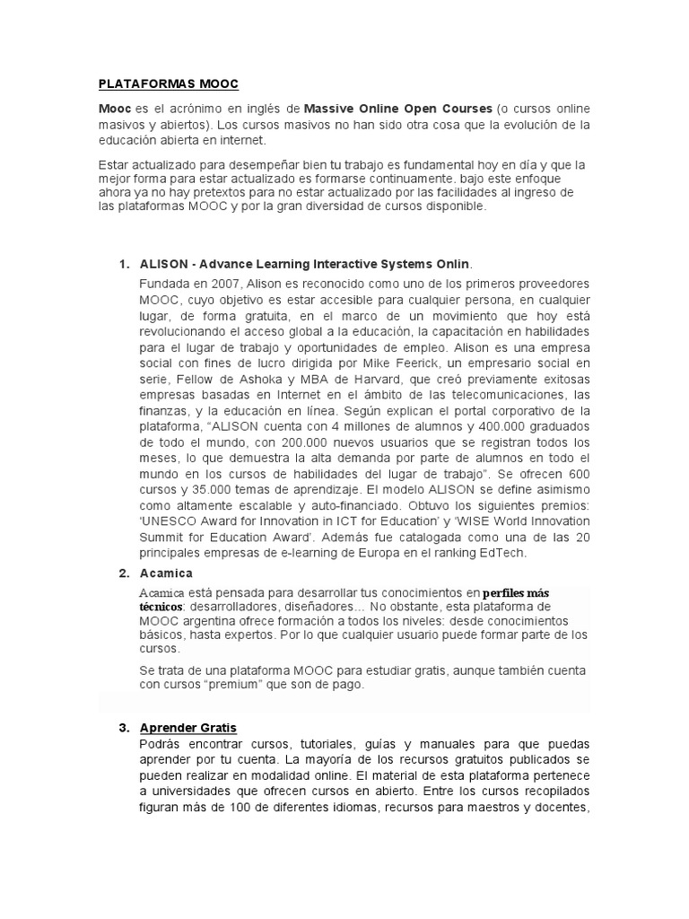 Plataformas Mooc | PDF | Curso abierto masivo en linea | Internet