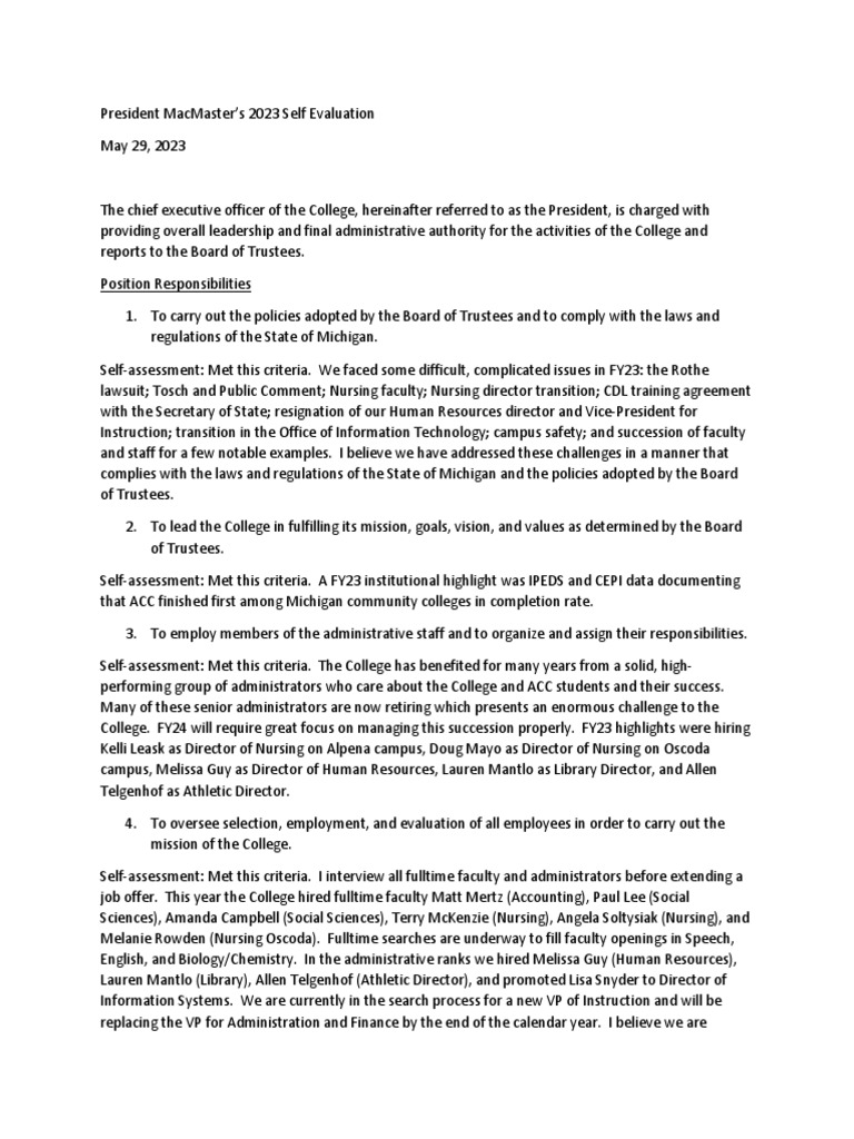 MacMaster 2023 Position Responsibilities Self-Eval | PDF | Board Of Directors | Nursing