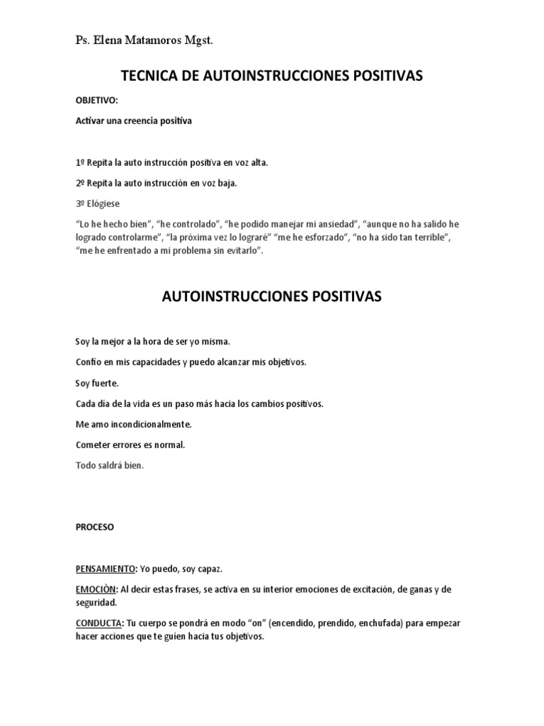 Tecnica de Autoinstrucciones Positivas | PDF | Autosuperación