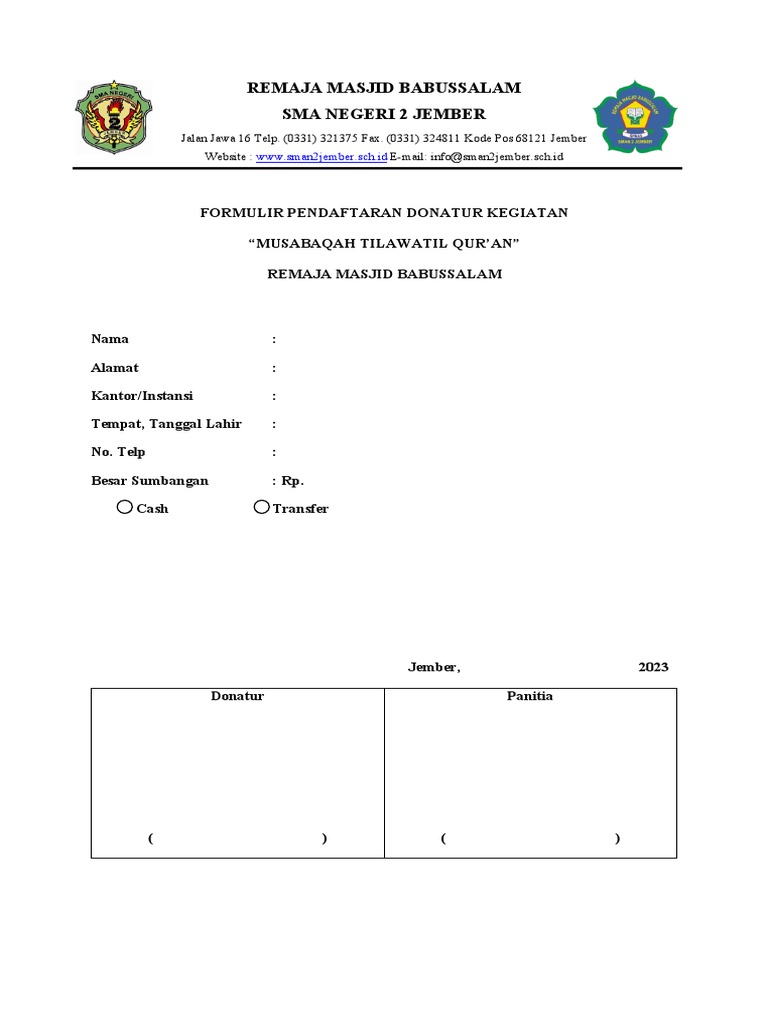 Form Pendaftaran Donatur Mtq | PDF