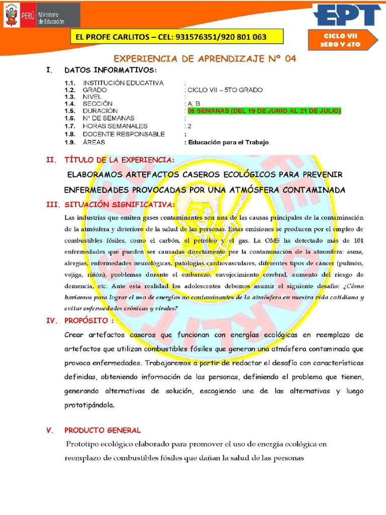Experiencia de Aprendizaje N°04 - Ciclo Vii - 5to Grado - Ept - 2023 - 00001 | PDF