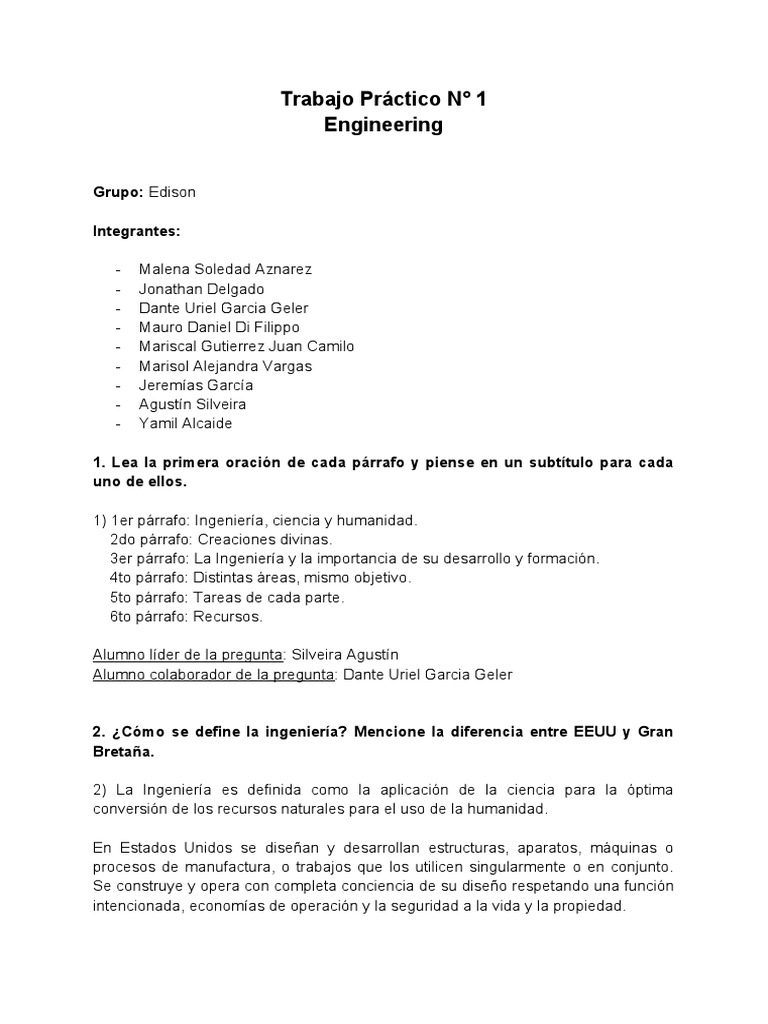 TP 1 Engineering Actividad Pre-Tarea | PDF | Ingeniería | Naturaleza