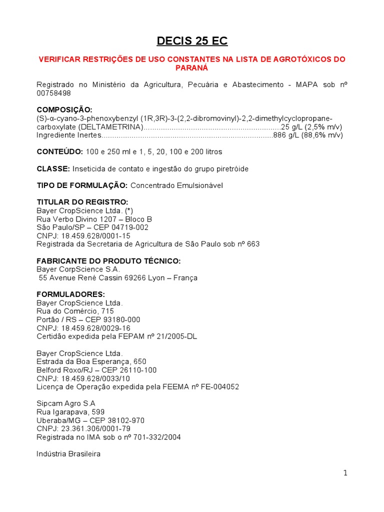 Decis 25 Ec | PDF | Embalagem e rotulagem | Veneno