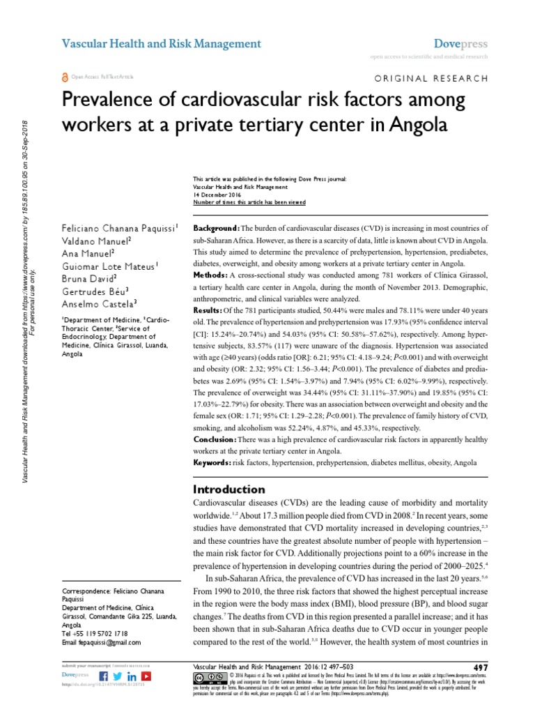 Prevalence of Cardiovascular Risk Factors Among Workers at A Private Tertiary Center in Angola ...