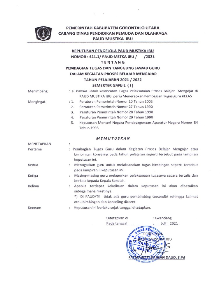 SK Pembagian Tugas 2021 - 2022 | PDF