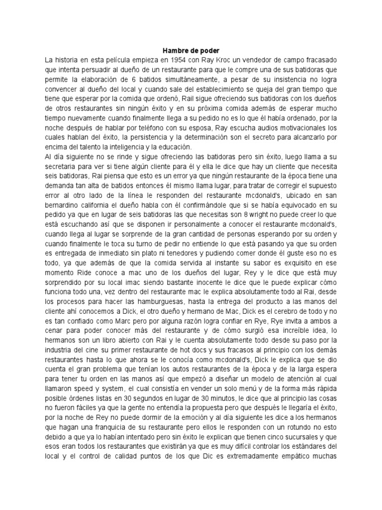 Resumen- Hambre de poder | PDF | Mc Donald's | Franquiciamiento