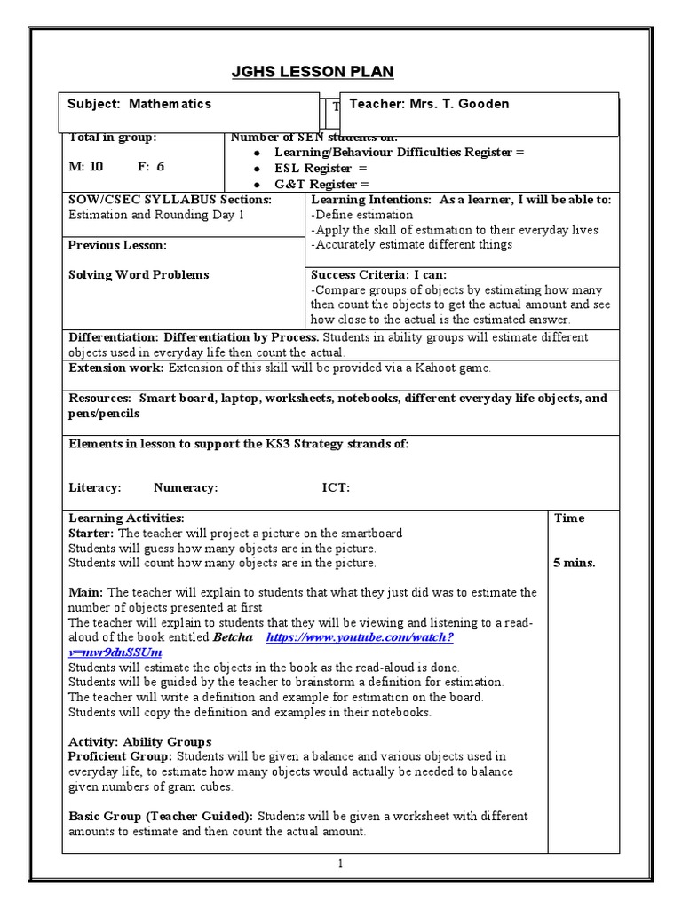 Estimation and Rounding Lesson Plan | PDF