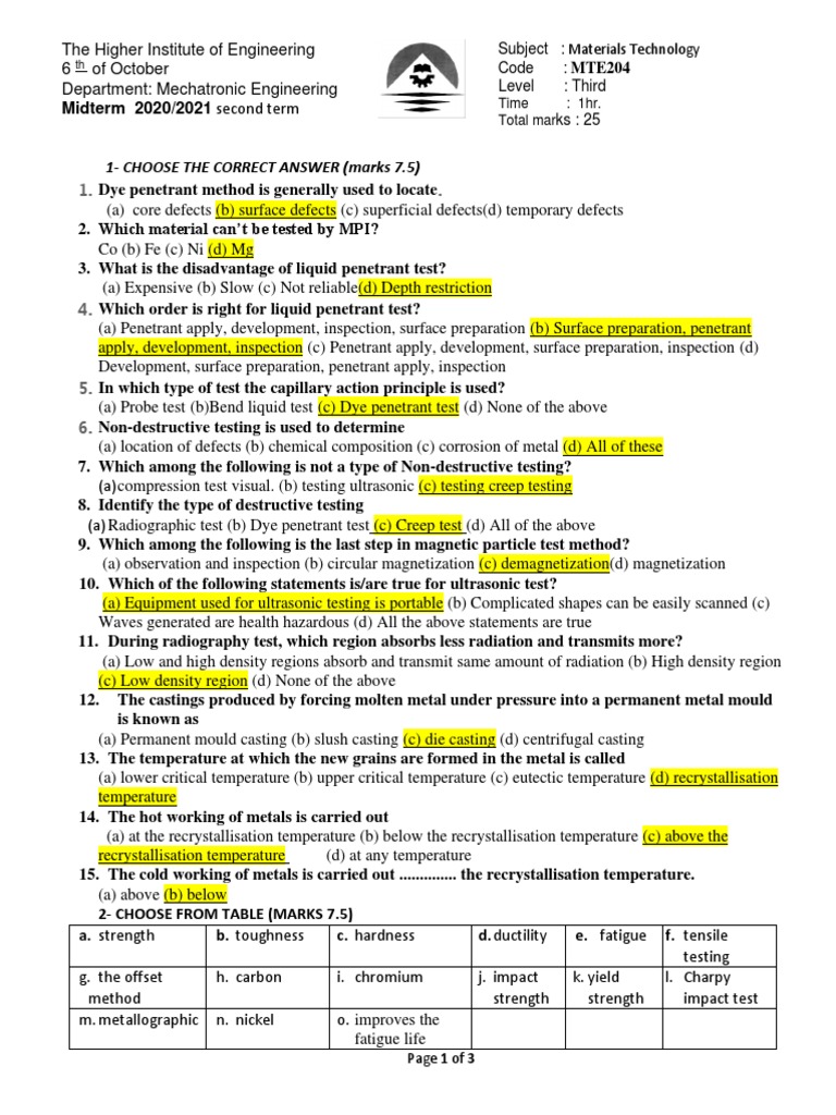 Materials Technology Midterm Exam | PDF | Deformation (Engineering ...