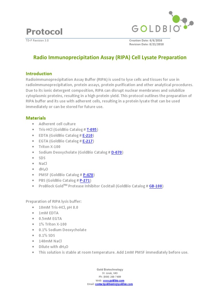 RIPA Cell Lysate Preparation Protocol | PDF | Chemistry | Laboratory ...