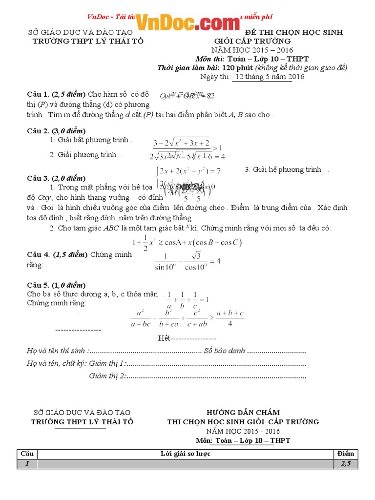 De Thi Hoc Sinh Gioi Mon Toan Lop 10 Truong THPT Ly Thai To Bac Ninh Nam 2015 2016 | PDF
