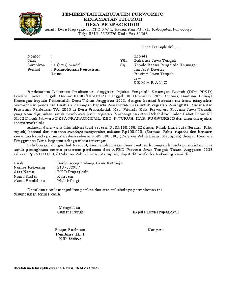 Surat Permohonan Pencairan Dana | PDF