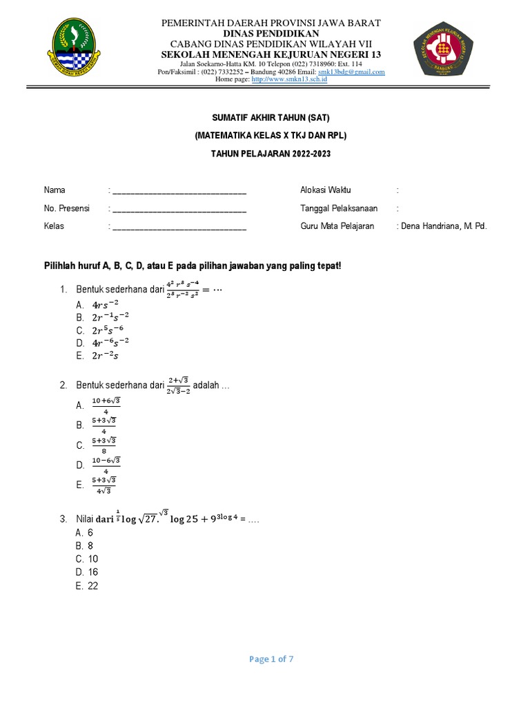 Soal SAT Genap Matematika Kelas X TKJ RPL 2022-2023 | PDF