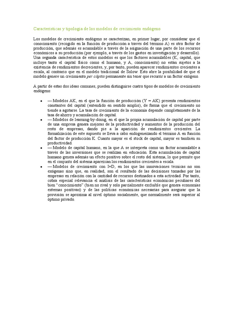 Características y Tipología de Los Modelos de Crecimiento Endógeno ...