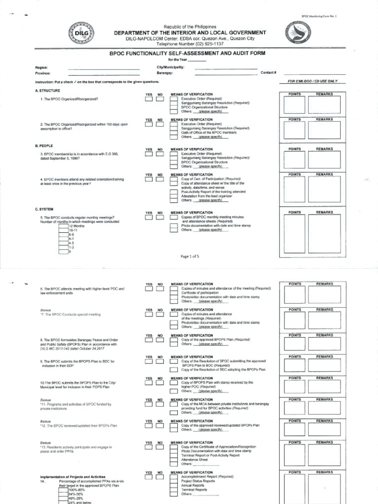 BPOC Self Assessment Tool Form | PDF