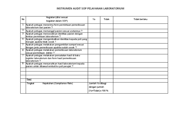 Instrumen AUDIT SOP PELAYANAN LABORATORIUM | PDF