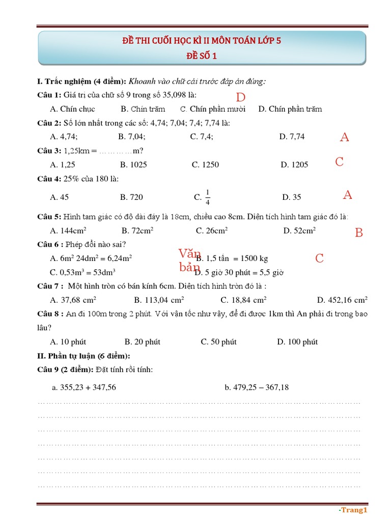 Đề - Đáp Án Đề Thi Hkii Lớp 5 | PDF