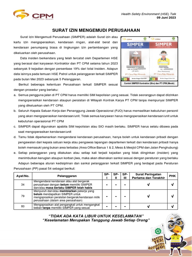 HSE TALK - Surat Izin Mengemudi Perusahaan (SIMPER) | PDF