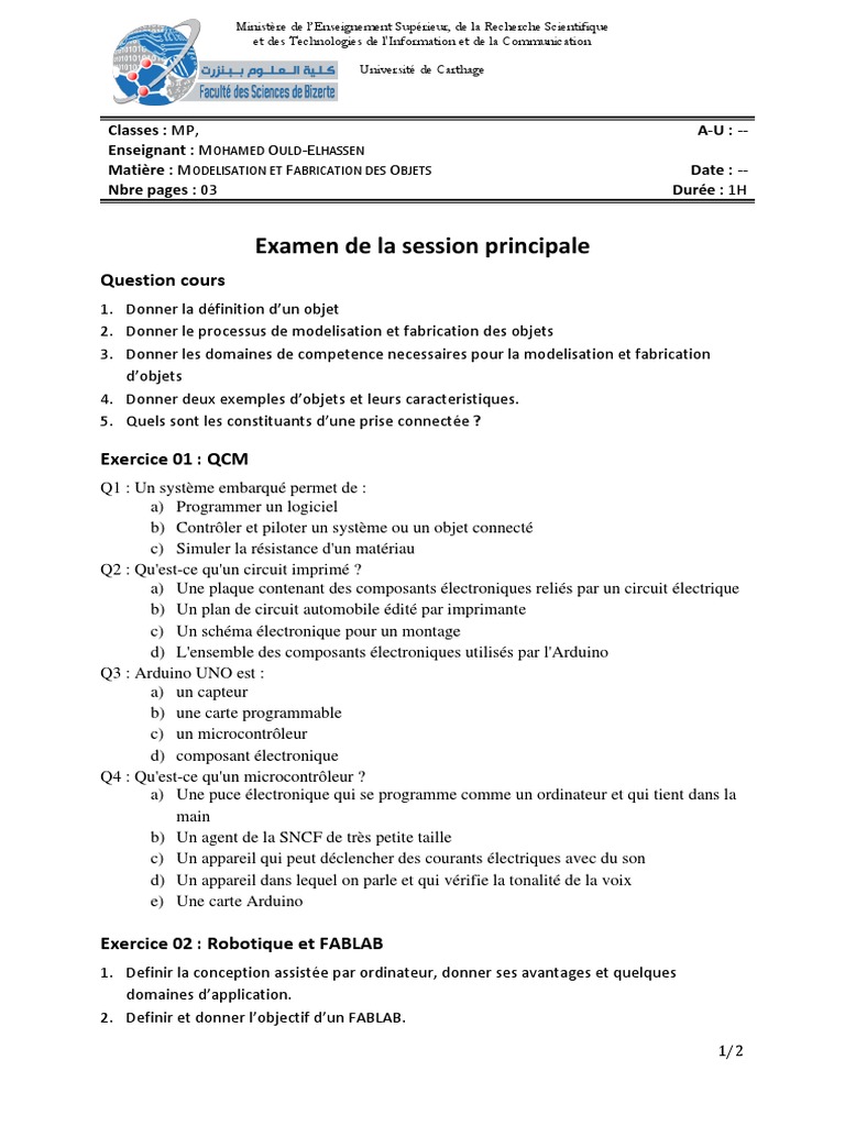 Exemple Exam Modelisation Fabrication Objets | PDF | Électronique | Arduino