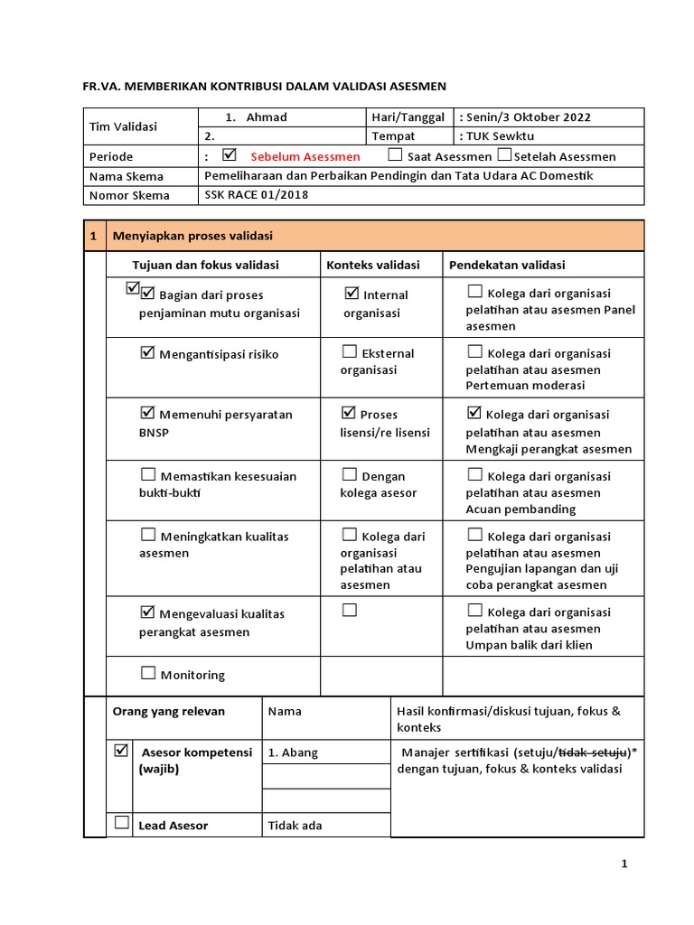 Contoh FR VA Validasi SBLM Asesmen VAT 9 Nop 2022 | PDF