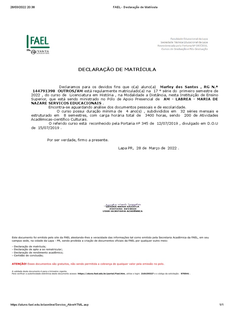 FAEL - Declaração de Matrícula | PDF