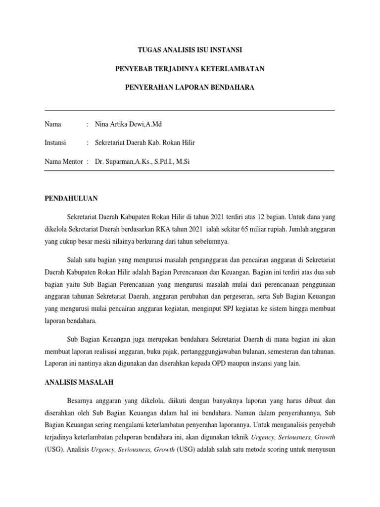 Tugas Analisis Isu Instansi Penyebab Terjadinya Keterlambatan Penyerahan Laporan Bendahara | PDF ...