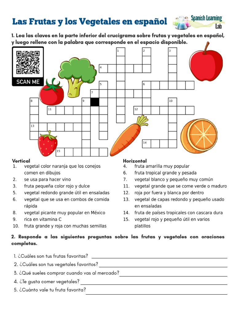 Fruits and Vegetables in Spanish Crossword Puzzle PDF Worksheet ...