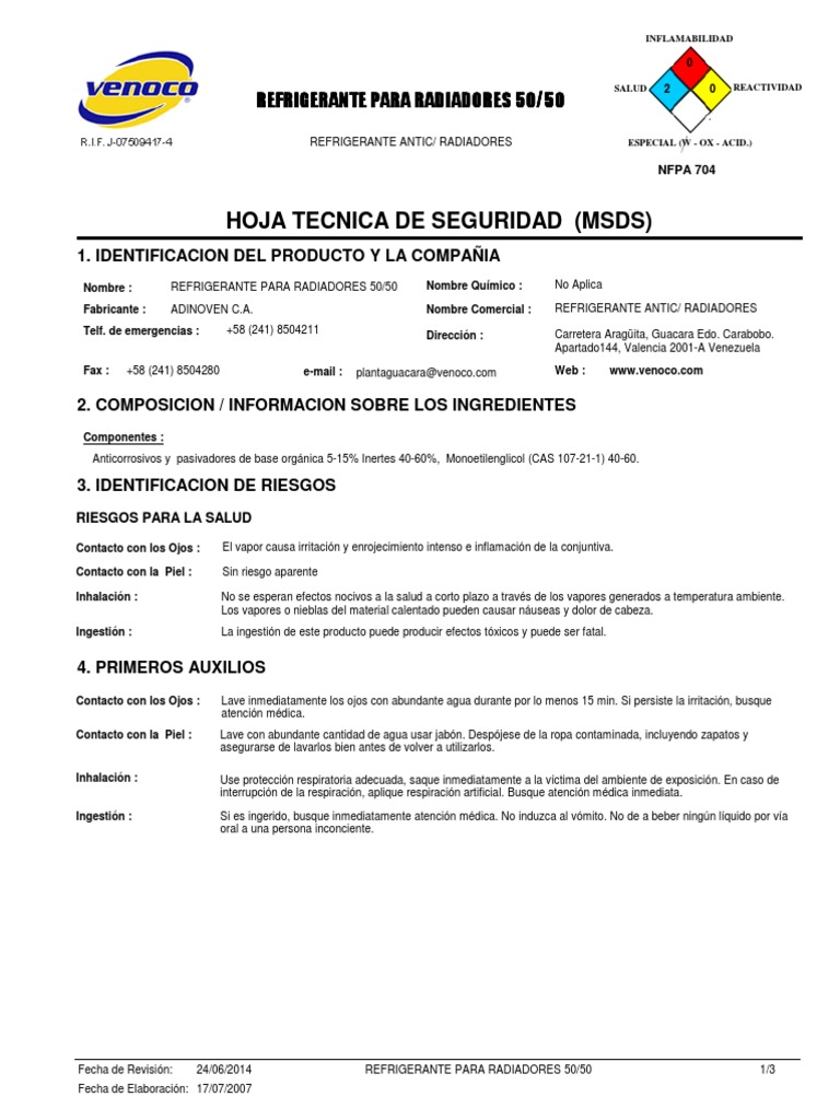 MSDS - Refrigerante | PDF | Agua | Toxicidad