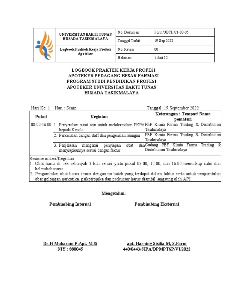 Logbook Hari Ke-1 PBF KFTD Tasikmalaya | PDF