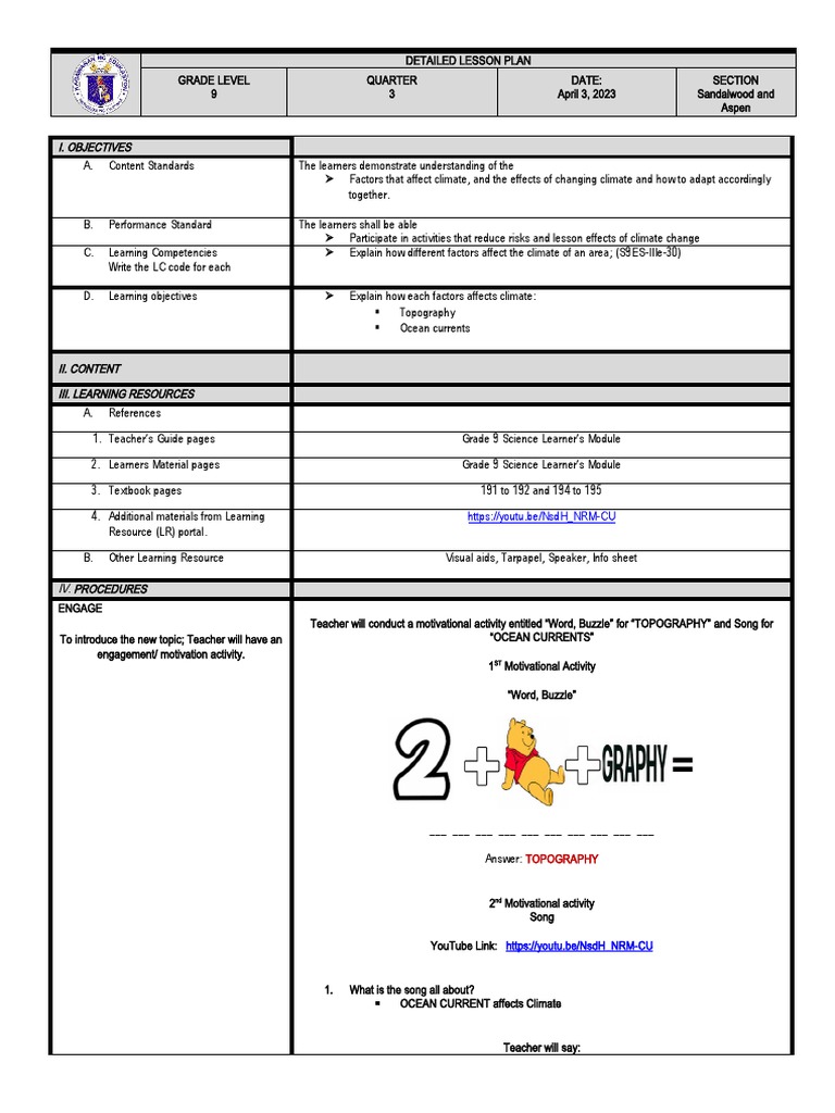 LESSON PLAN about factors affecting climate; Topography and Ocean ...