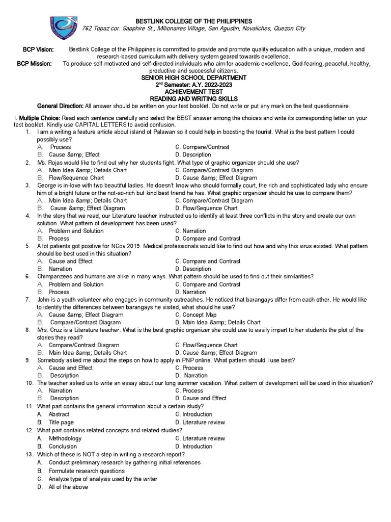 2ND Sem Eng 2 Achievement Exam | PDF | Résumé | Paragraph