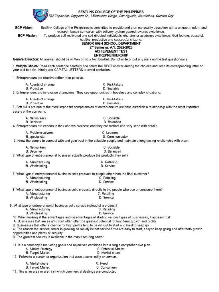 2ND Sem Entrep Achievement Exam | PDF