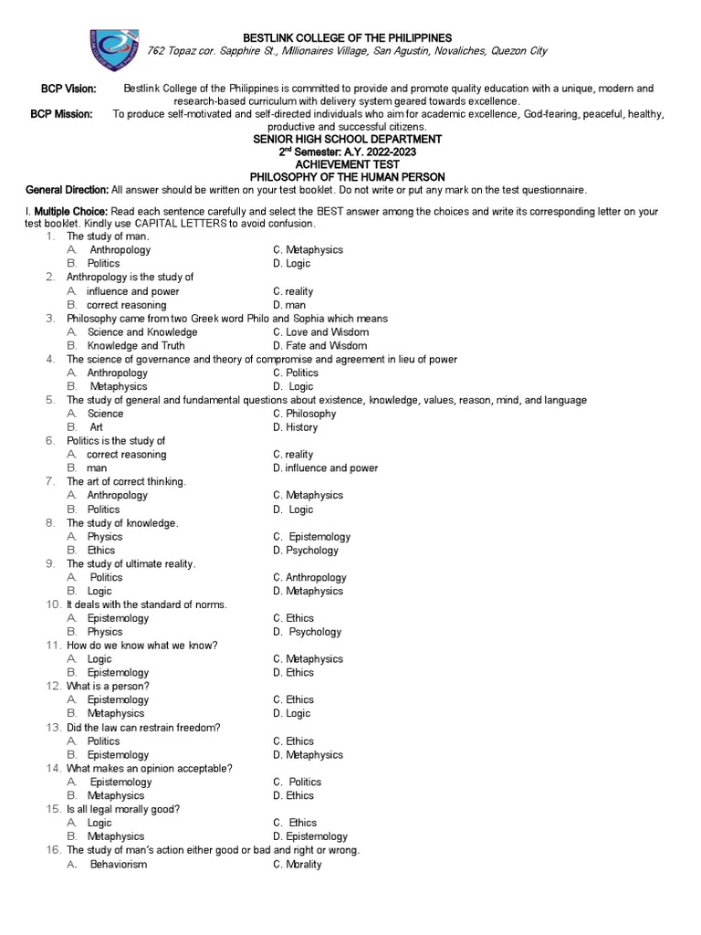 2ND Sem Philo Achievement Exam | PDF