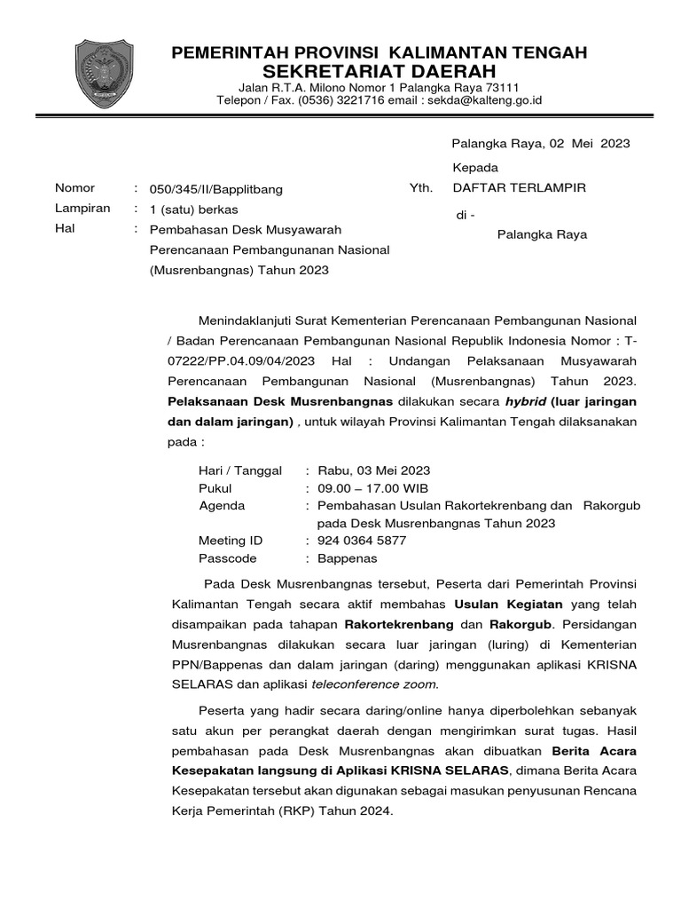 Surat Undangan Desk Musrenbangnas 2023 - Sekda | PDF
