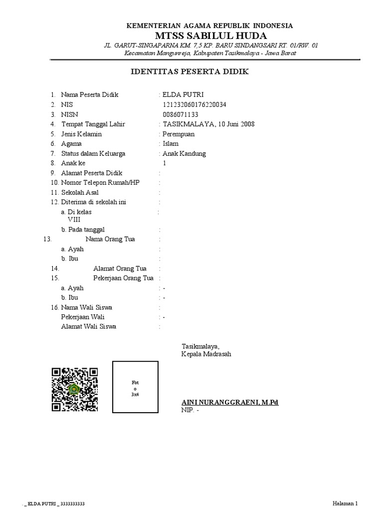 Identitas ELDA PUTRI - 3333333333 | PDF